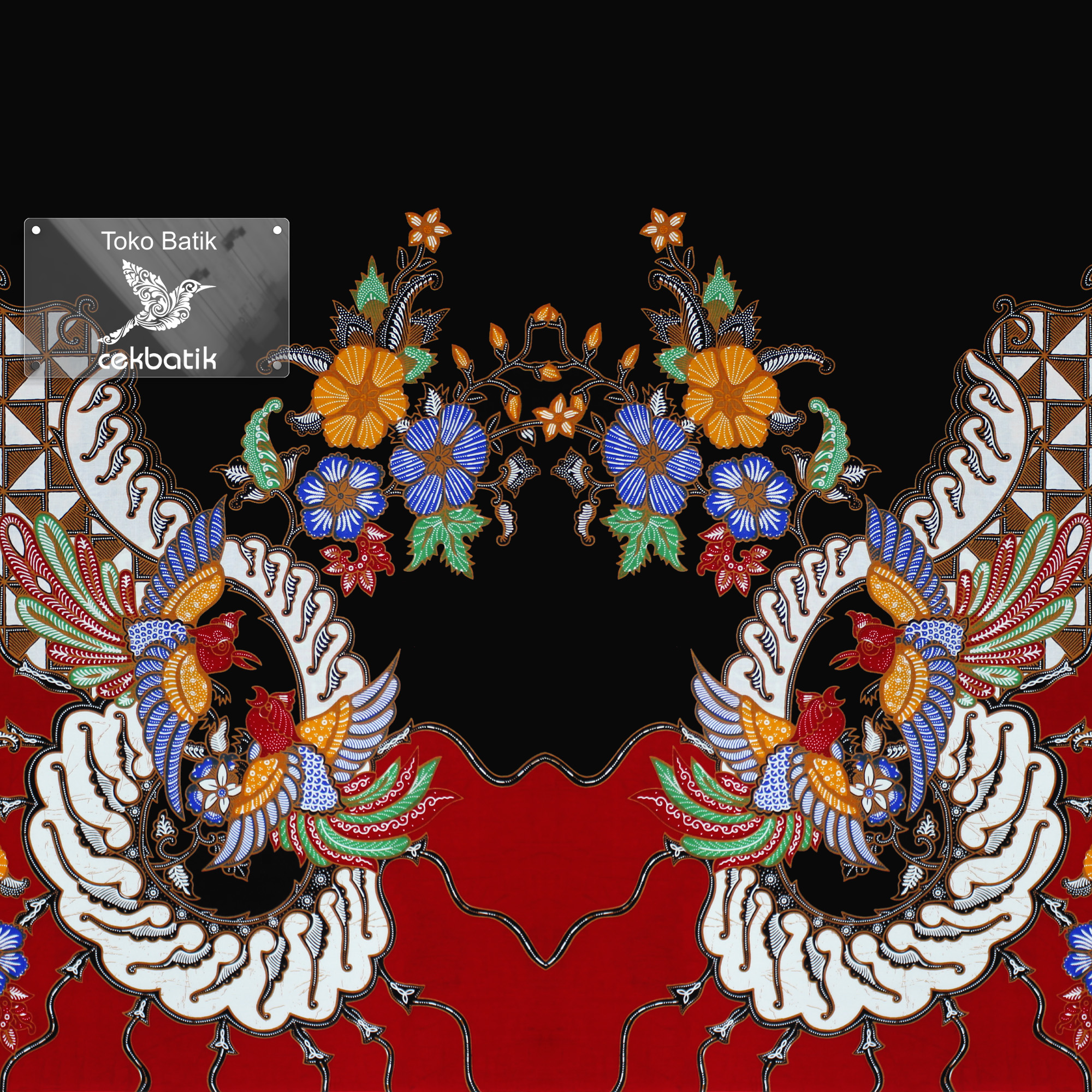 kain batik - Motif Bunga Burung Kembar Oriental Warna Dasar Hitam V5 ...