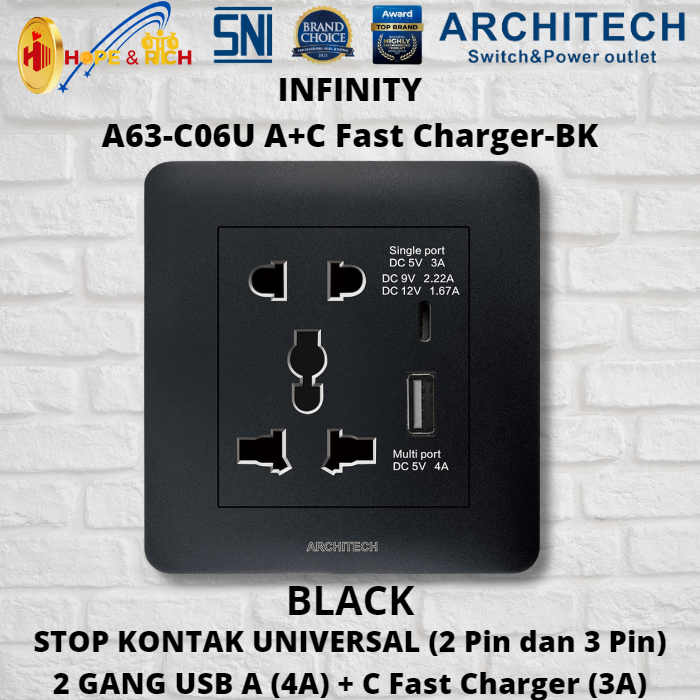 ARCHITECH INFINITY A63-C06U A+C FC-Stop Kontak Universal +2 USB A+C Fast Charger, BLACK | Lazada ...