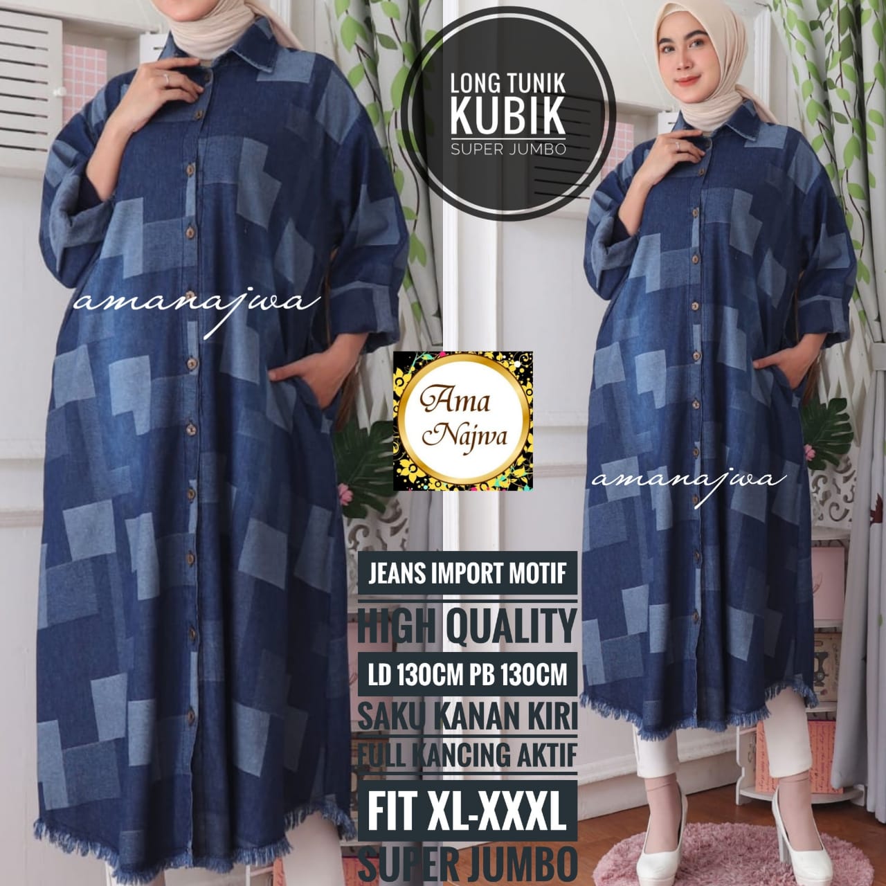 Long Tunik Kubik Super Jumbo- Long Tunik Jeans Motif Kotak - Atasan ...
