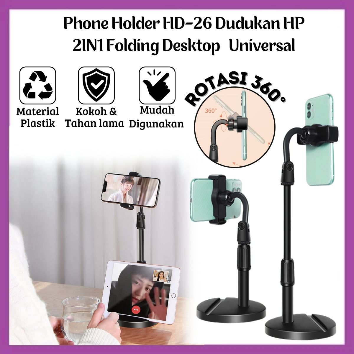 Phone Holder HD-26 Dudukan HP 2IN1 Folding Desktop Adjustable Standing ...