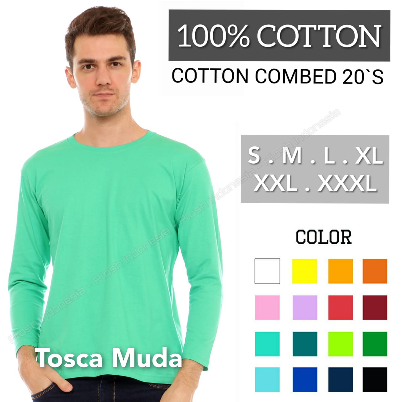Kaos polos panjang combed 20s - TOSCA MUDA (100% cotton) / baju polos ...