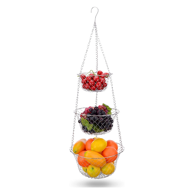 3 Tier Fruit Basket, Vegetable Kitchen Storage Basket Chain Hanging ...