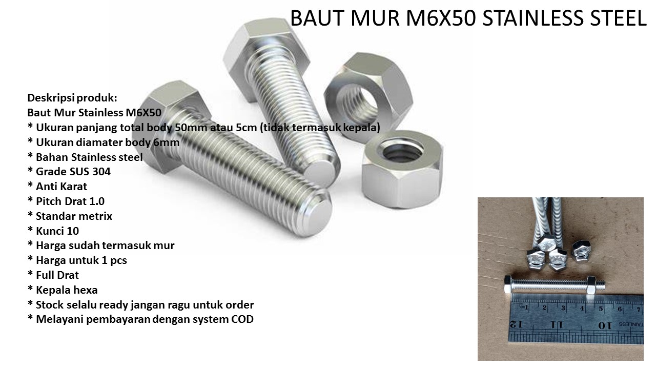 BAUT STAINLESS BAUT M6 BAUT MUR M6X50 STAINLESS STEEL SS PANJANG 5CM M6 ...