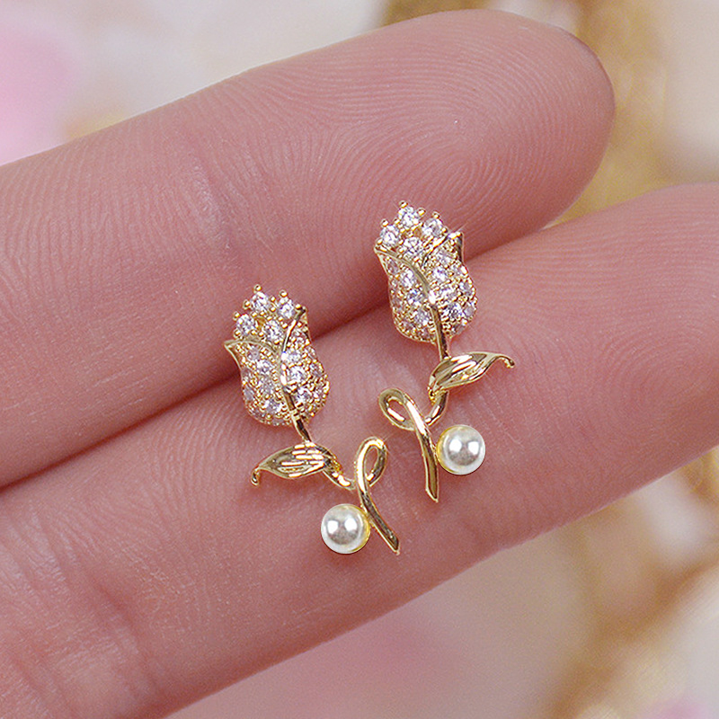 Anting Mutiara Bunga Tulip Anting-Anting Indah Temperamen Elegan Rasa ...