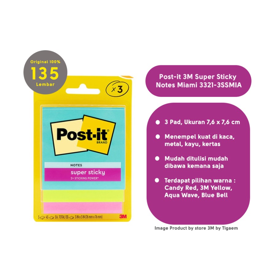 Post-it 3M Super Sticky Notes Miami (3 Pad) 45 Lembar 3X3" 3321-3SSMIA ...
