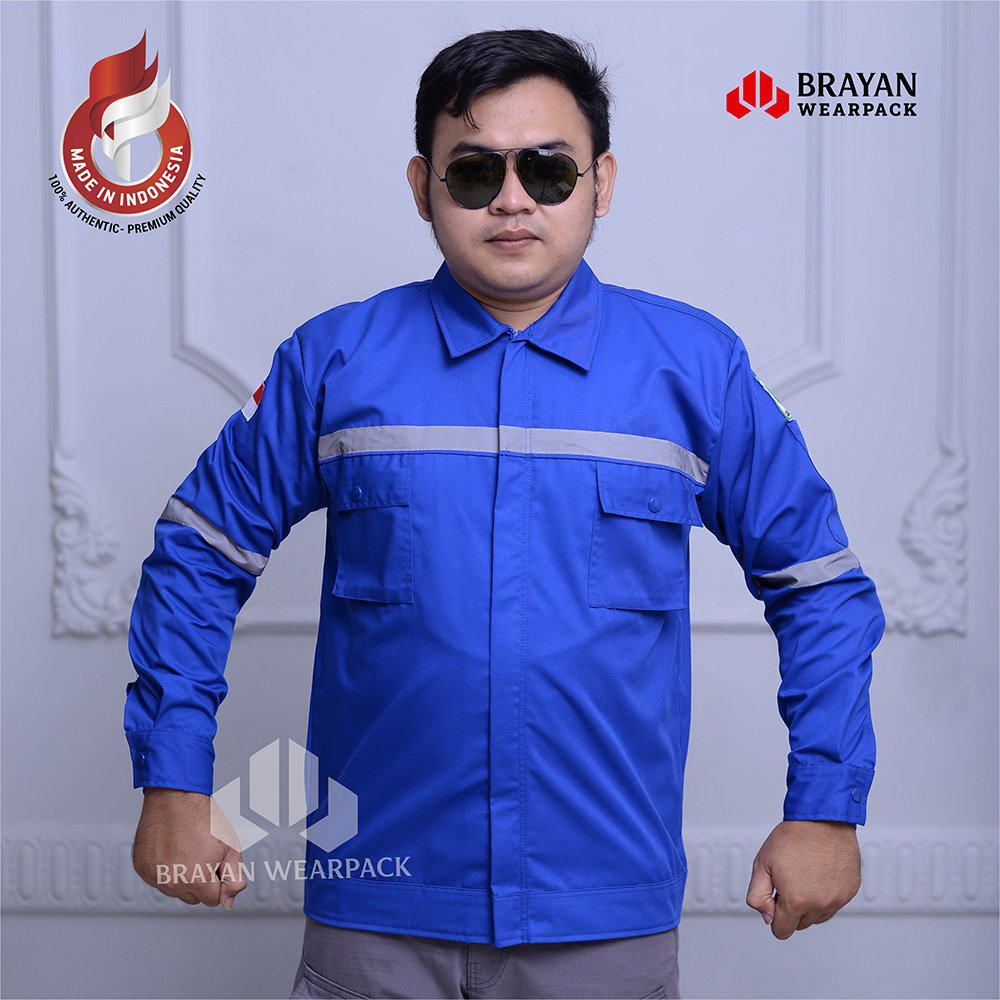 Baju Safety Biru Polos Wearpack Kemeja Kerja Pakaian PDL Lengan Panjang ...