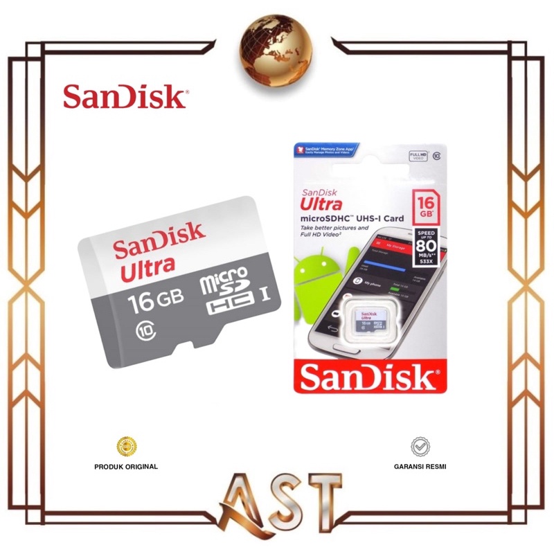 Memori Sandisk 16GB ultra memory Mmc Micro Sandisk Speed 80 Class 10 ...