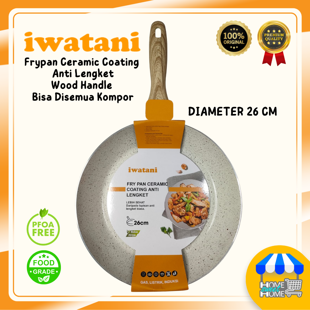 Frypan Iwatani Ceramic Coating Wajan Anti Lengket Gagang Kayu Kompor Induksi Kompor Gas Marble ...