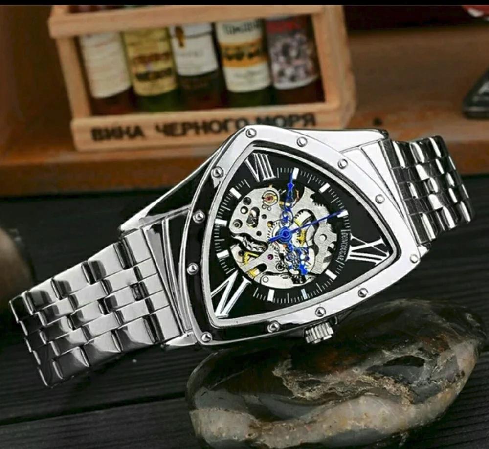 Jam Tangan Pria Otomatis Automatic Segitiga Warna Silver Hitam Unik ...