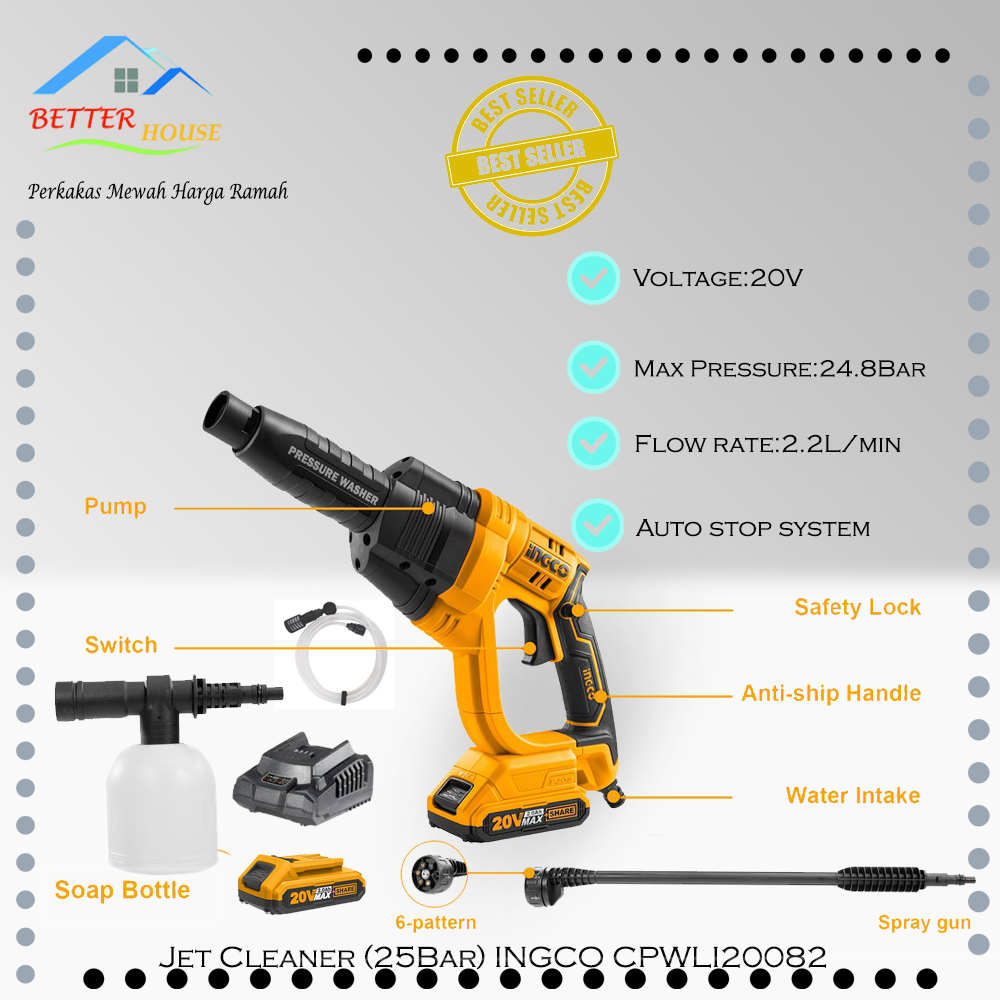 Jet Cleaner Cordless 20V (25Bar) INGCO CPWLI20082 Pompa Cuci Steam AC ...