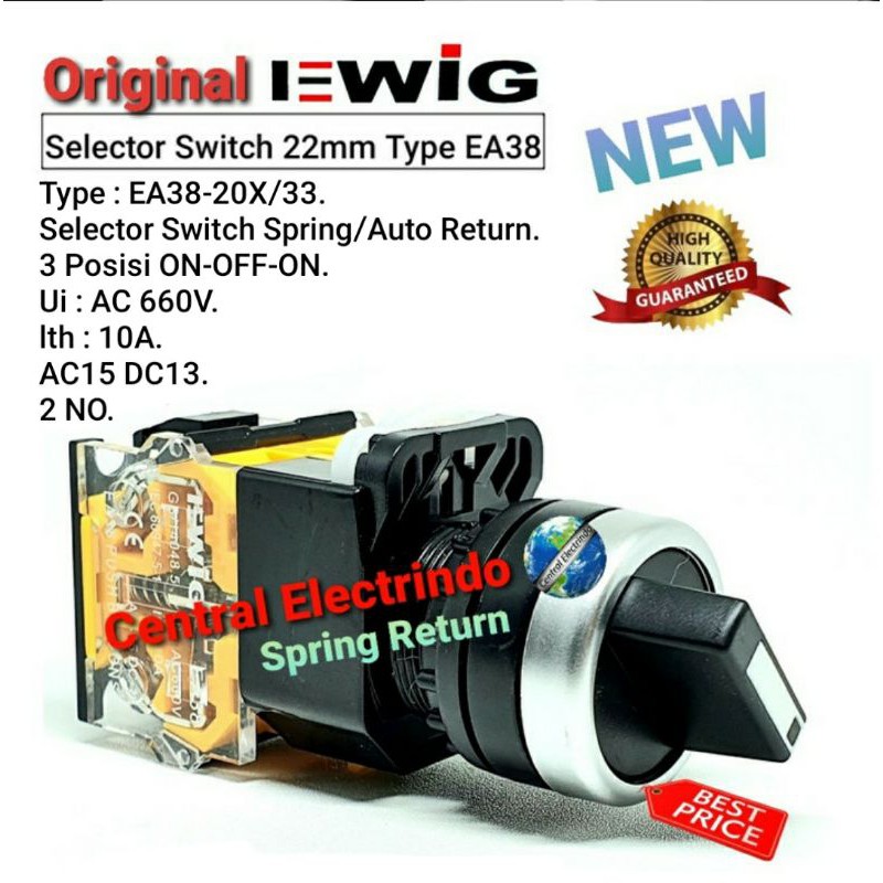 Selector Switch EWIG 22mm Spring Return EA38-20X/33 3Posisi ON-OFF-ON ...
