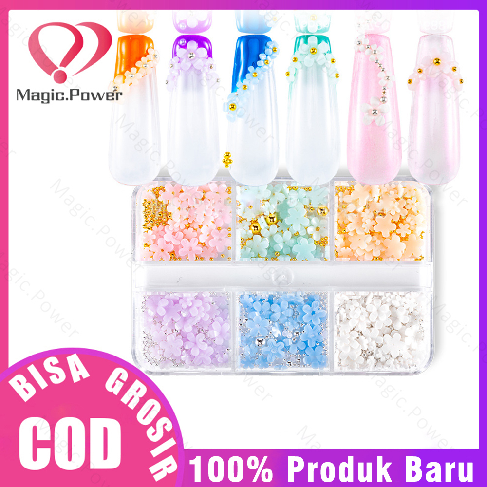 6 Grid/Kotak Kuku Ornamen Bunga Lima Kelopak 3D Efek Ringan Bunga Kuku ...