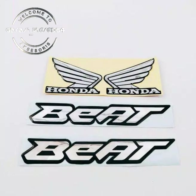 Stiker emblem timbul tulisan beat dan logo sayap honda warna silver ...
