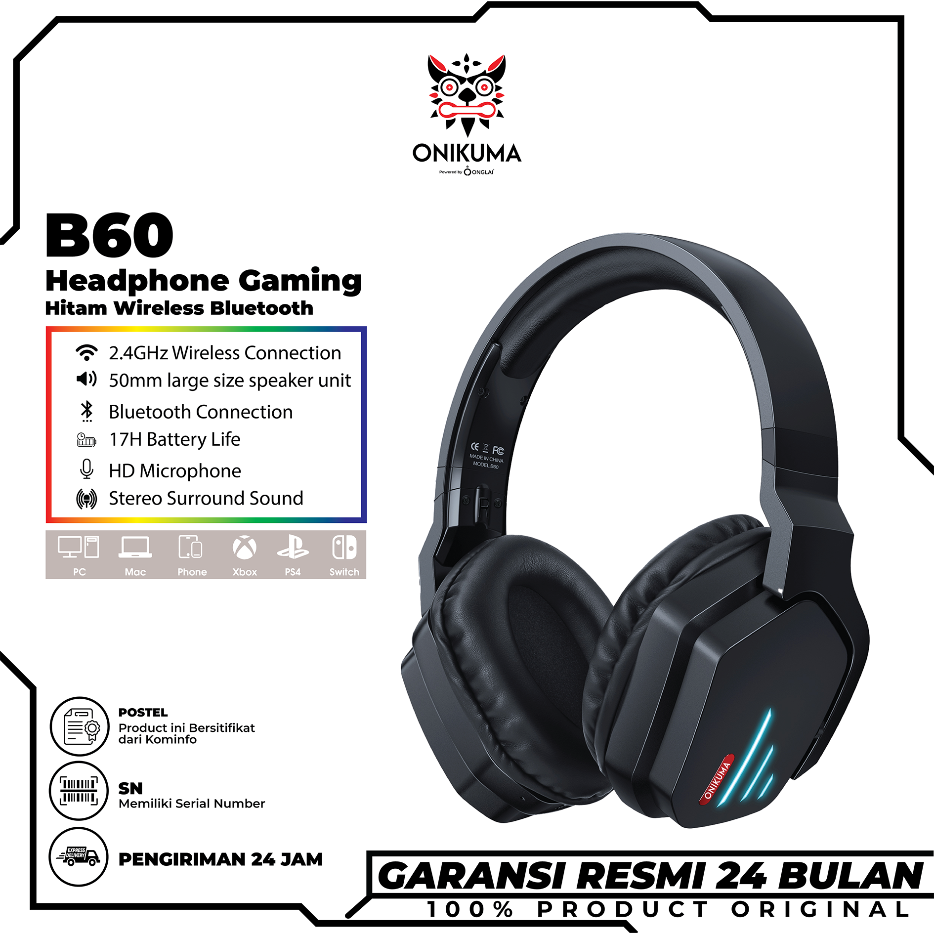 ONIKUMA B60 Headphone Gaming Hitam Wireless Bluetooth Original For HP ...