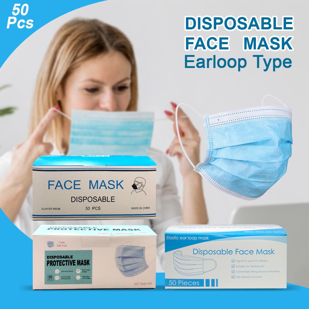 Masker Mulut Wajah 3ply 50pcs Disposable Earloop Surgical Masker Medis ...