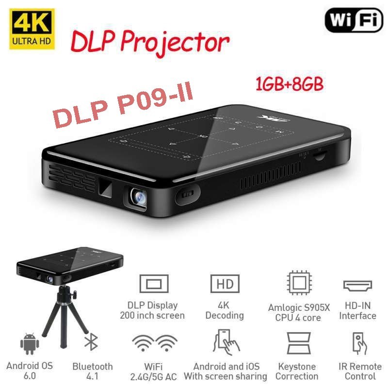 DLP P09-II Mini Proyektor Projector HD Resolusi 4K Android 9.0 RAM 1 GB ...
