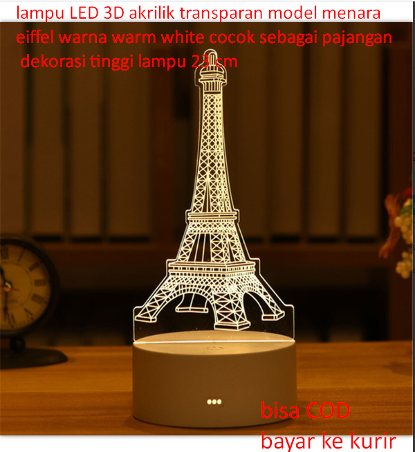 lampu LED 3D akrilik transparan model menara eiffel warna warm white ...