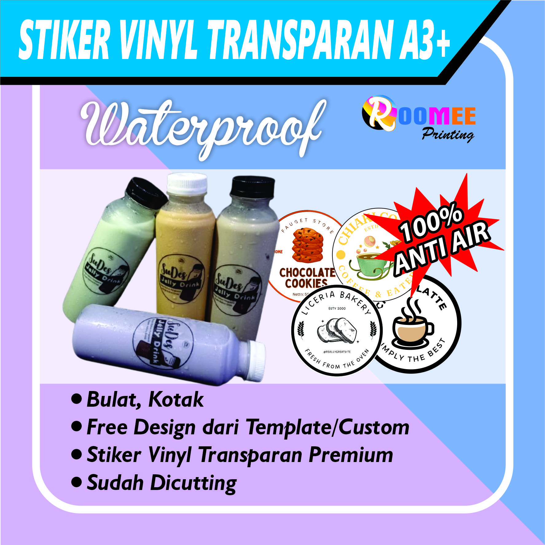 CETAK STIKER CUSTOM VINYL TRANSPARAN A3+ ANTI AIR TERMASUK CUTTING FREE ...