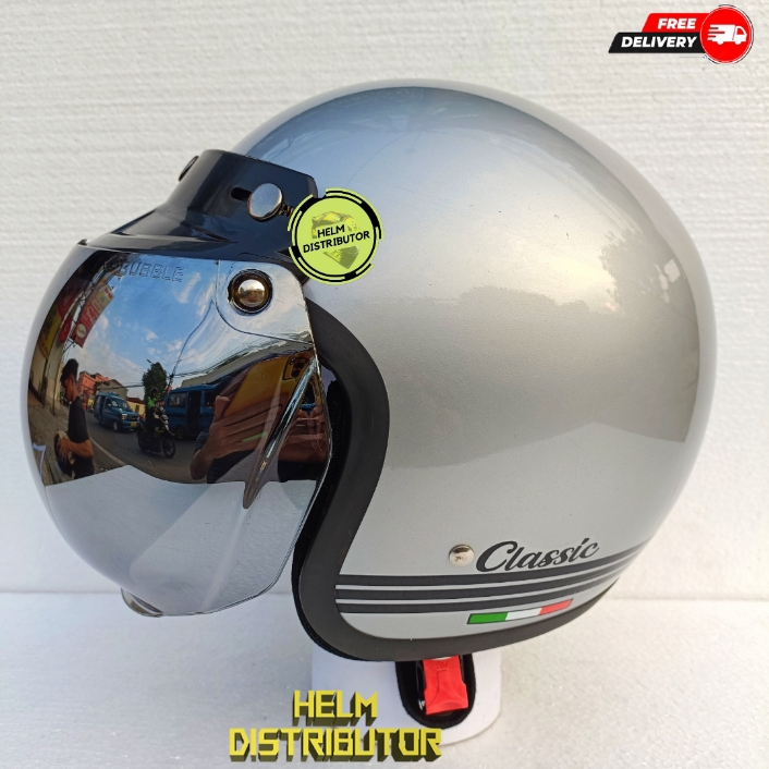 HELM BOGO CLASSIC PREMIUM KACA DATAR DAN KACA CEMBUNG SILVER/PELANGI ...