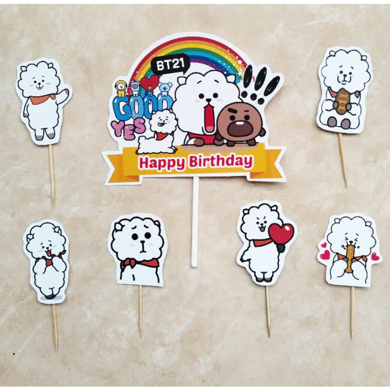 satu set cake topper hiasan kue ulang tahun karakter RJ BT21 BT 21 BTS ...