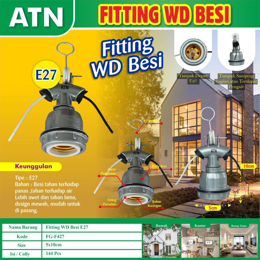 FITING / FITTING KERAMIK BESI KAP WD E27/E40 FITTING GANTUNG TAMAN SET ...