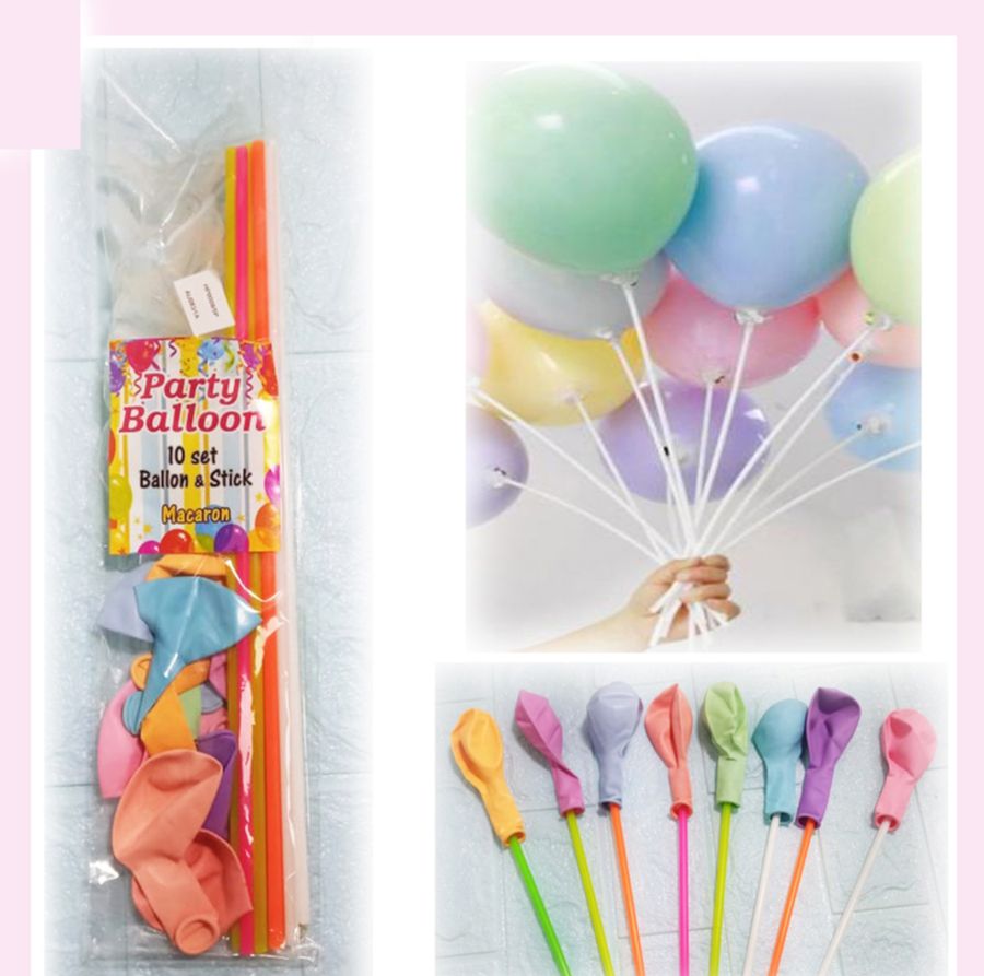 ISI 10PCS STIK BALON, WARNA + BALON MACARON, STIK BALON + CUP BALON ...