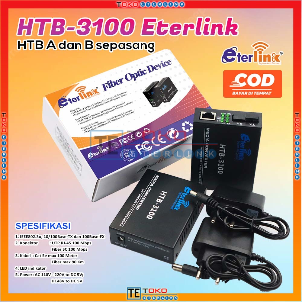 Sepasang Htb 3100 Fiber Optic Media Konverter Single Mode Dengan 5v 2a