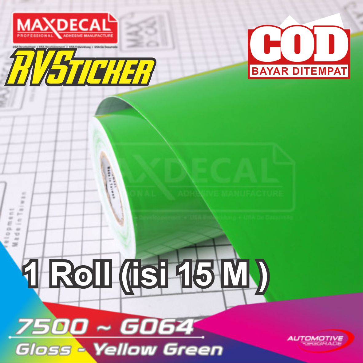 ROLL, Sticker HIJAU 064 Glossy Maxdecal 1 roll isi 15 meter, tinggi 45 ...