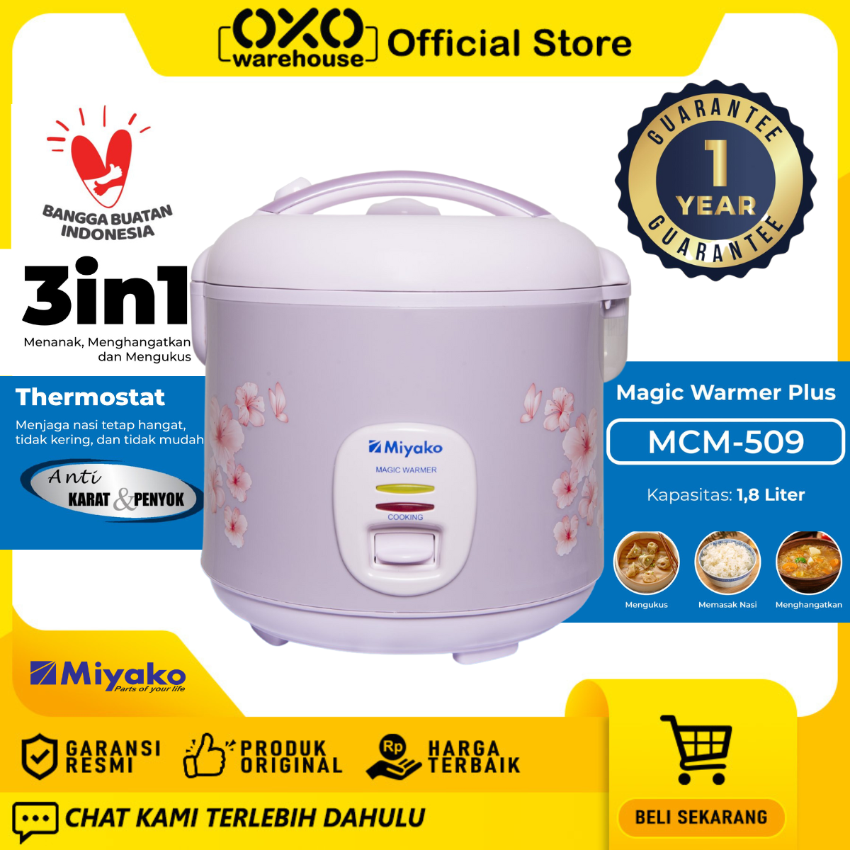 Miyako Rice Cooker MCM 509 Garansi Resmi Termurah Kapasitas Besar 1,8 ...