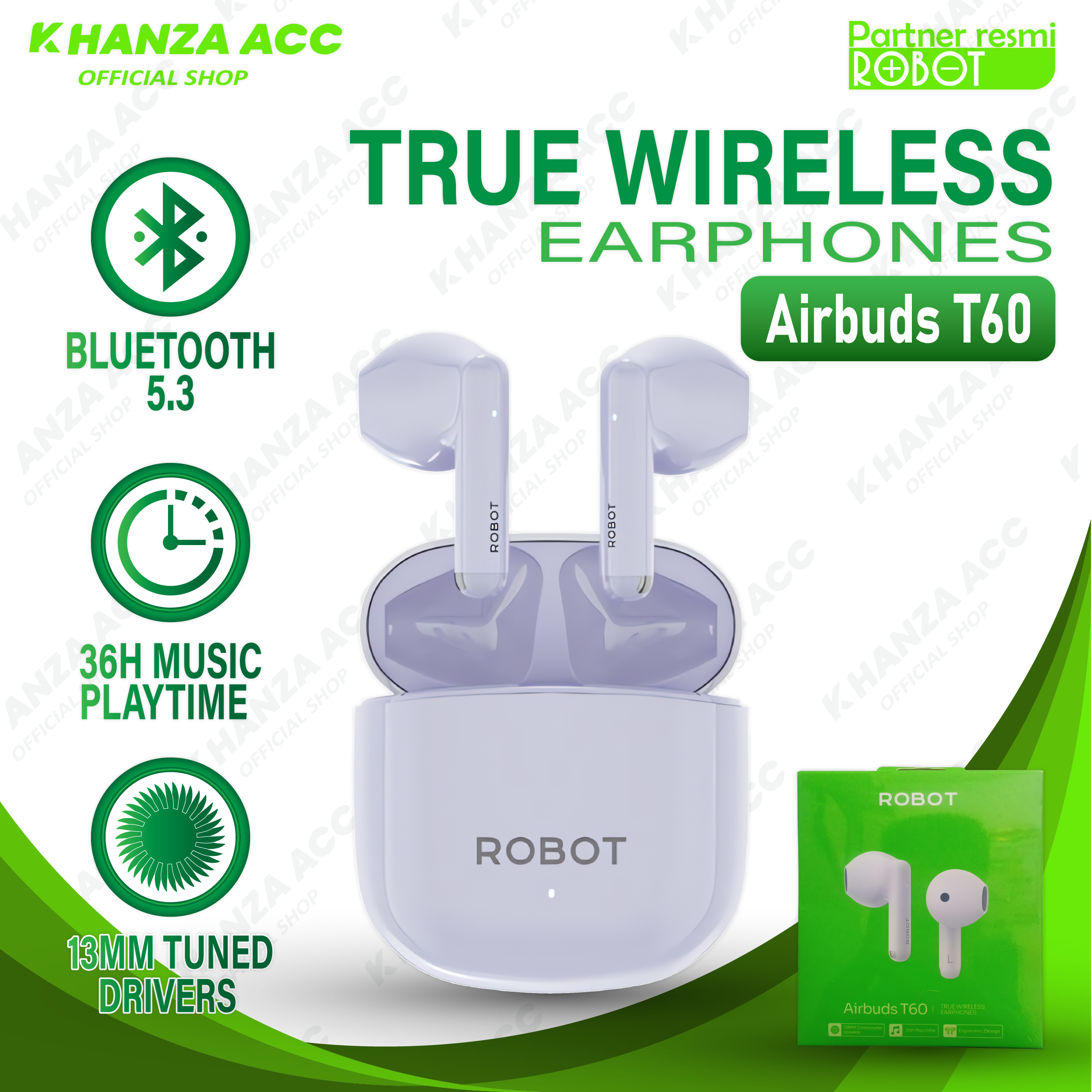 ROBOT T60 TWS Earphone Bluetooth 5.3 Airbuds | Lazada Indonesia