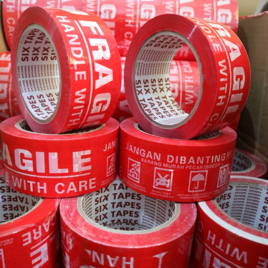 Lakban Fragile Merah Putih Besar Merk Six Tapes 48mm x 80M Lem Rekat ...