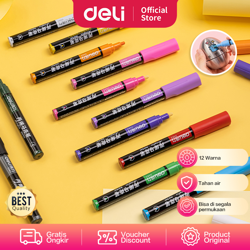 Deli Acrylic Marker / Spidol Akrilik Papan Tulis / Kaca 12 Warna Anti ...