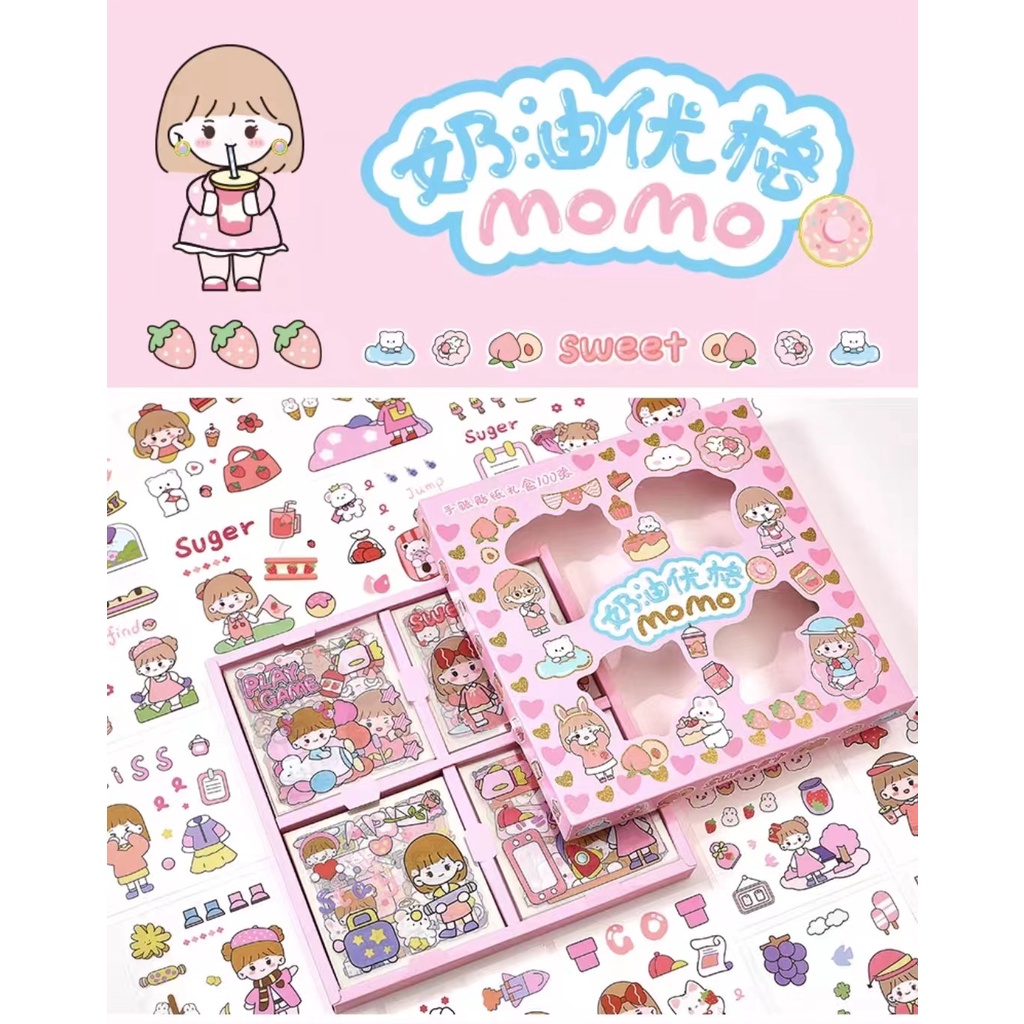Sticker MOMO Kartun Aesthetic Waterproof 1 Box isi 100 pcs/ Sticker ...