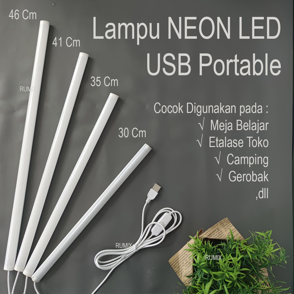 Lampu Neon Panjang Strip Tabung LED USB Belajar Kerja Rumah Dapur Komputer Cahaya Portable ...