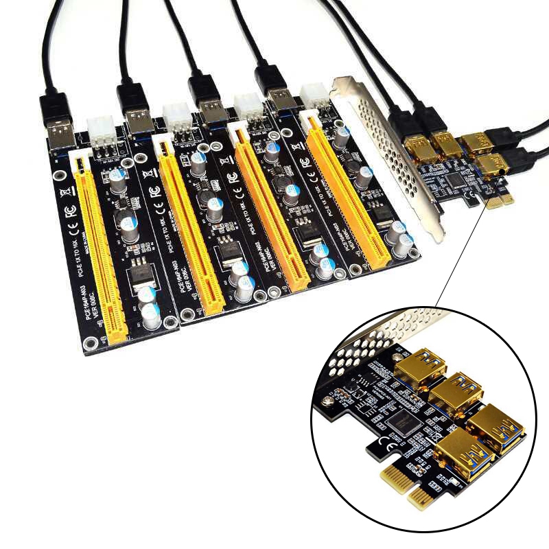 New 4 Ports PCIe Riser Adapter Board PCI-E 1x to 4 USB 3.0 PCI-E Rabbet ...