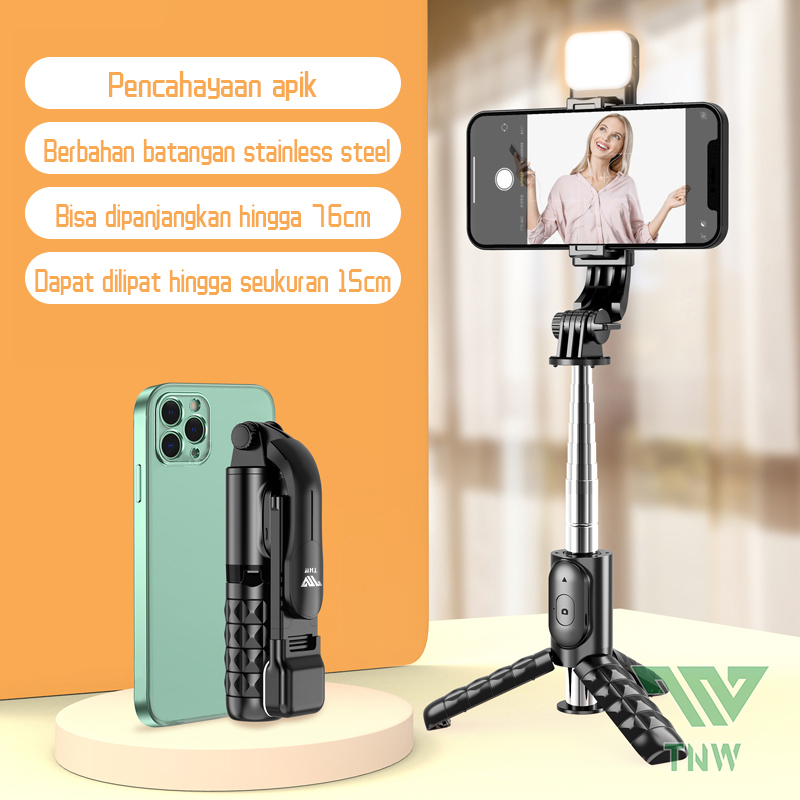 Tnw Mini Selfie Stick With Led Fill Light Tongsis Bluetooth Tripod