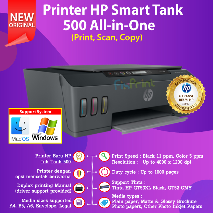 Printer HP Smart Tank 500 Print Scan Copy 4SR29A Tinta HP GT53 GT52 ...