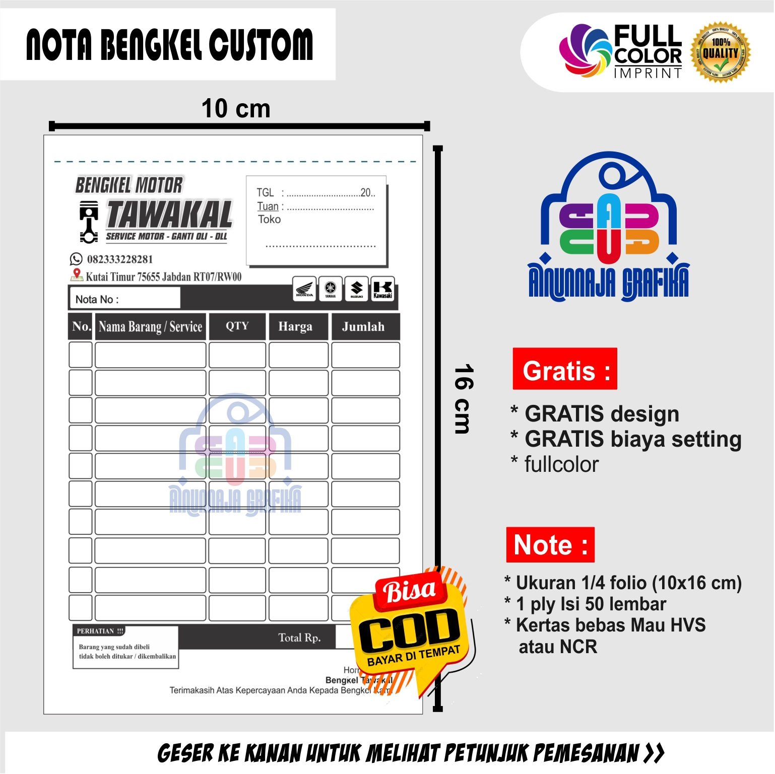 Nota custom bengkel ukuran 1/4 1 ply kertas HVS atau NCR 50 lembar bisa COD di Ainunnaja Grafiak ...