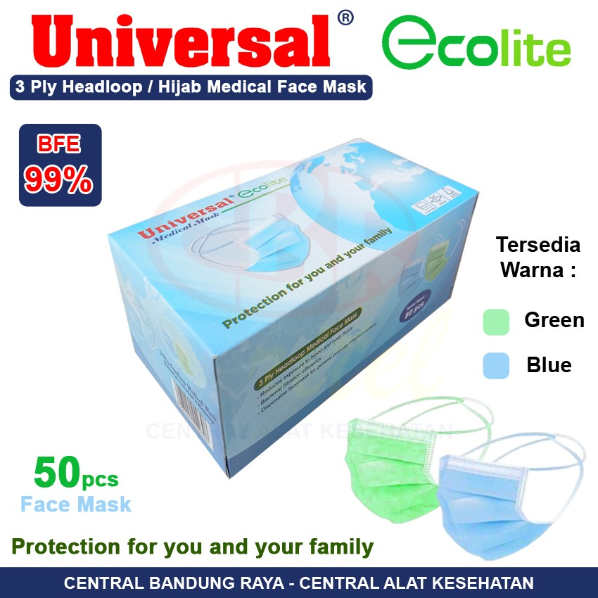 UNIVERSAL Ecolite Masker Medis Headloop / Hijab 3Ply Medical Face Mask ...