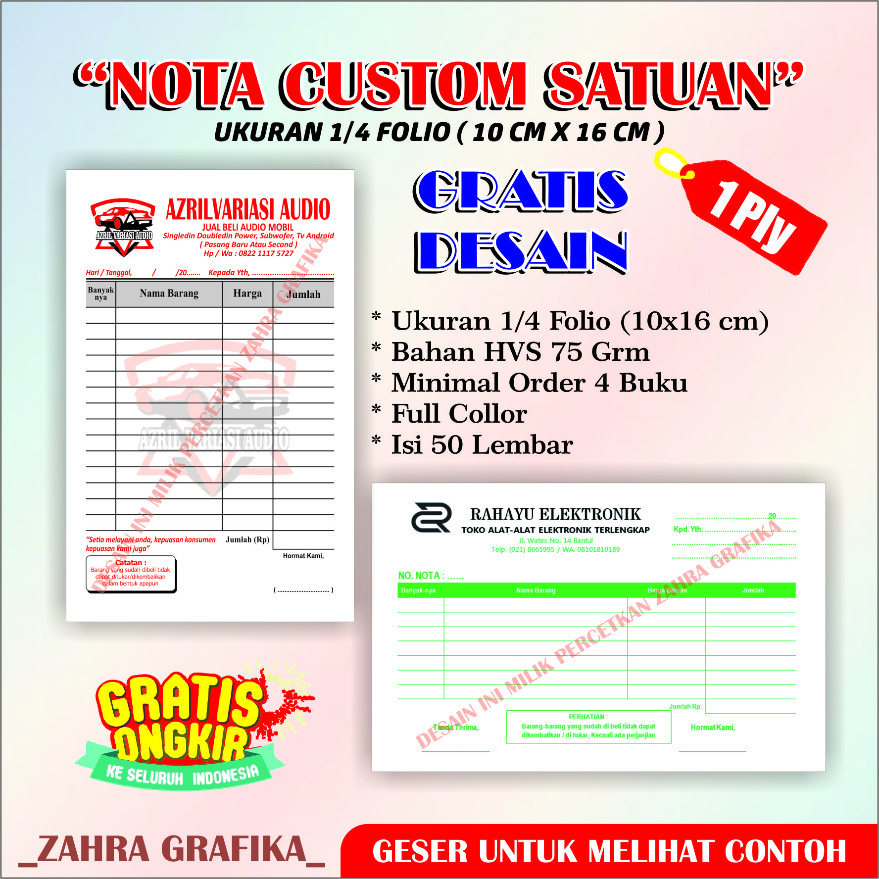Jual PROMO cetak nota custom murah 1 ply isi 50 lbr ukuran sedang 1/4 ...