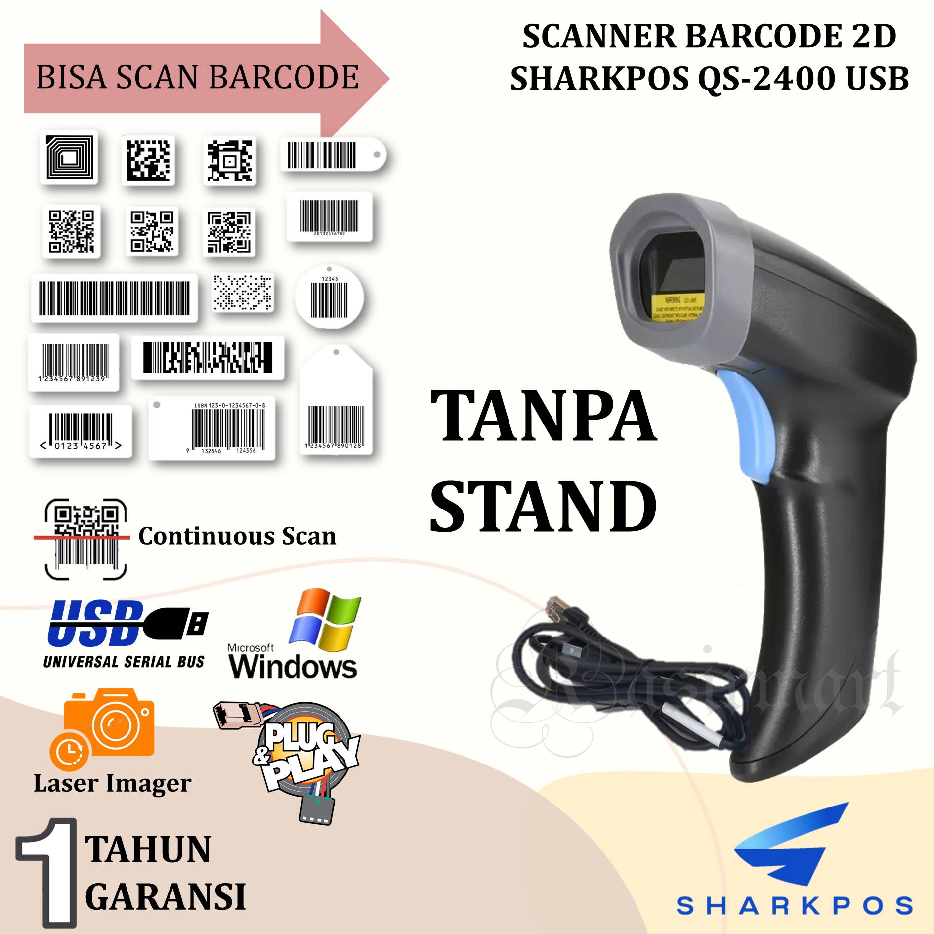 Sharkpos QS2400 Barcode Scanner 2D USB Tanpa Stand Handheld Scanner ...