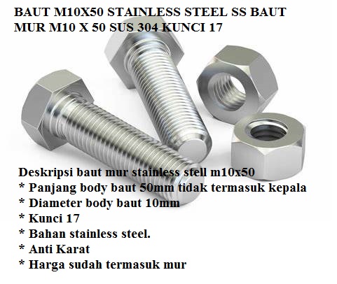 BAUT M10X50 STAINLESS STEEL SS SUS 304 KUNCI 17 / Screws/bolts M10 ...