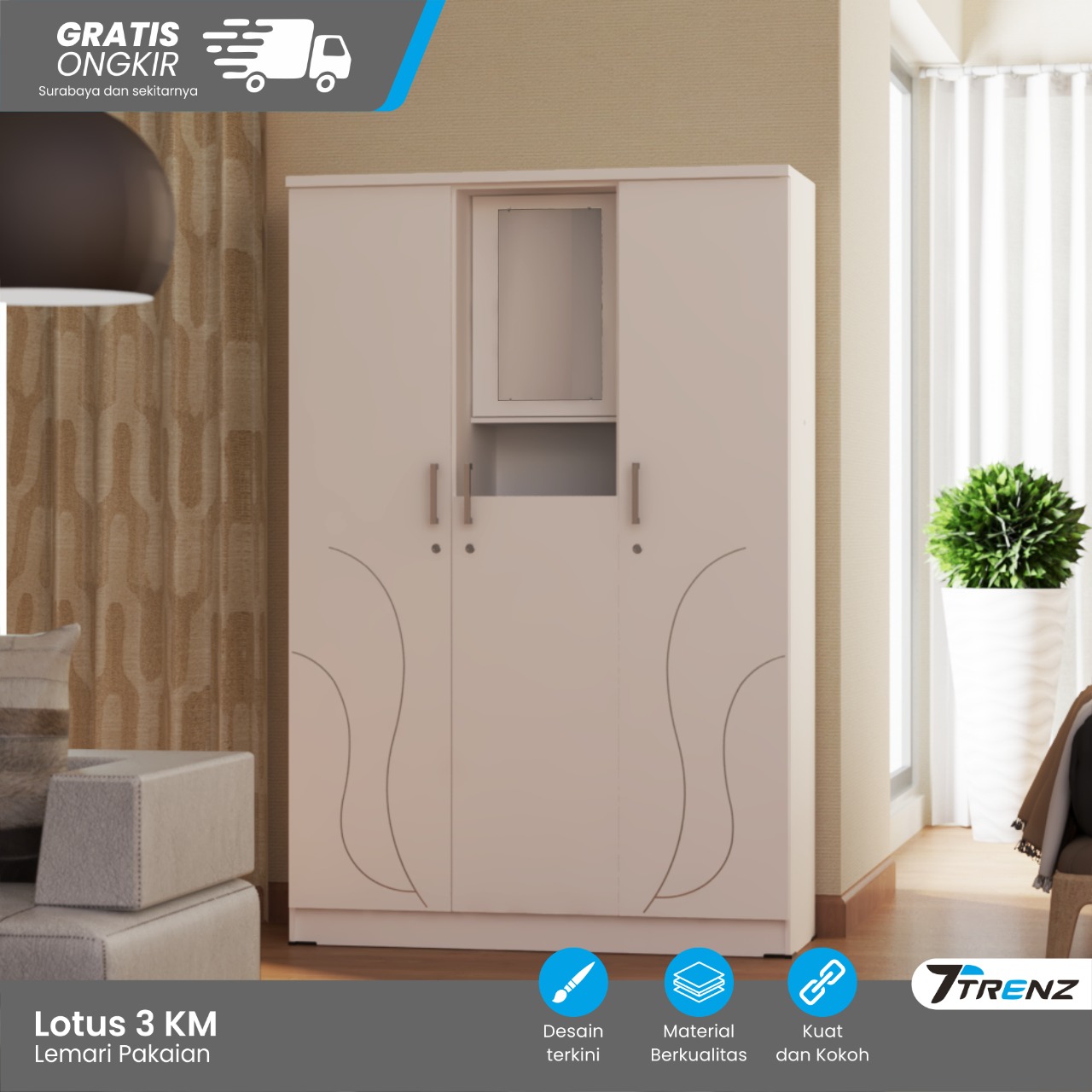 Trenz Furniture - Lemari Pakaian 3 Pintu Lemari Wardrobe kaca masuk ...