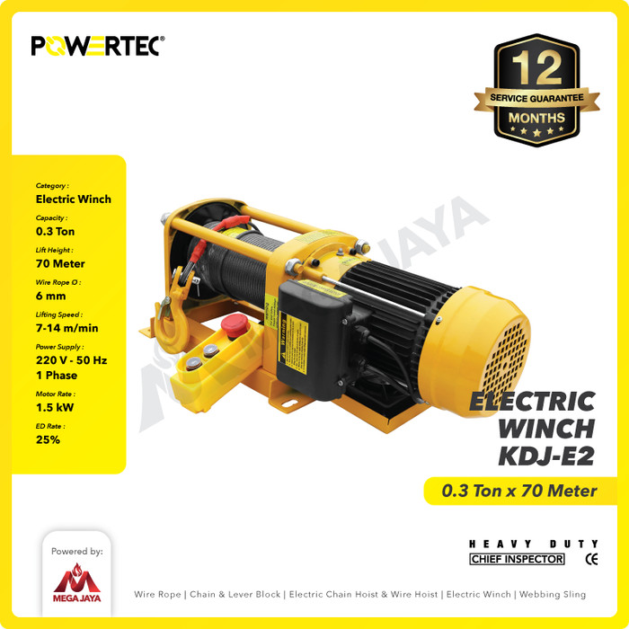 ELECTRIC WINCH HOIST 300 KG X 70 METER 1 PHASE POWERTEC KDJ-E2 ...