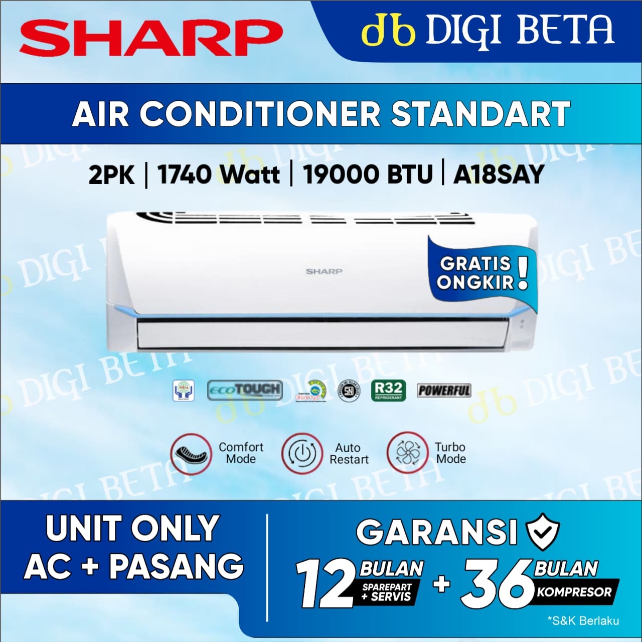 AC Sharp 2 PK Standart AH-A18SAY Air Conditioner Split 1740 Watt Pendingin Ruangan R32 + Pasang ...