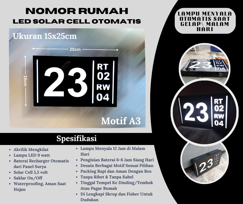 Nomor Rumah LED Solar Cell, Solar House Number Ukuran 15x25 cm | Lazada ...