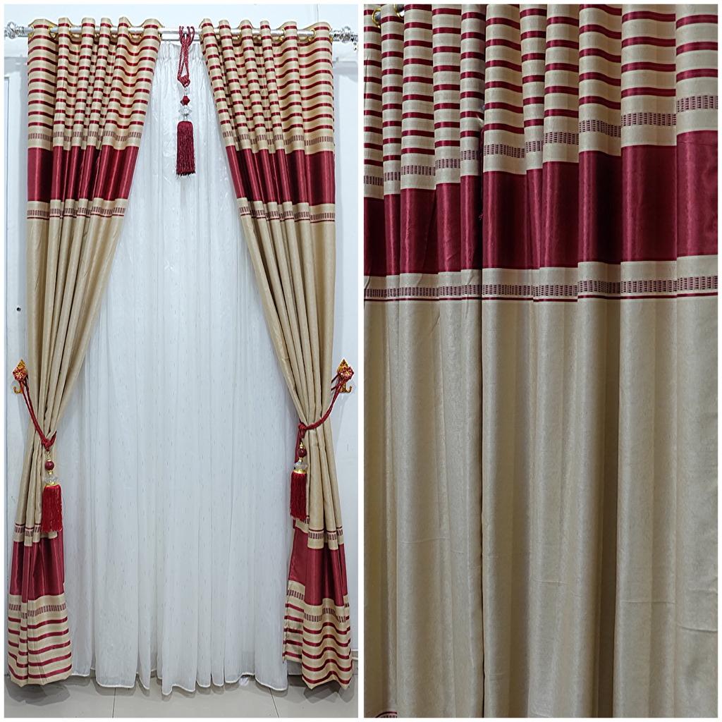 Gorden blackout minimalis beludru garis list warna mewah Merah biru ...