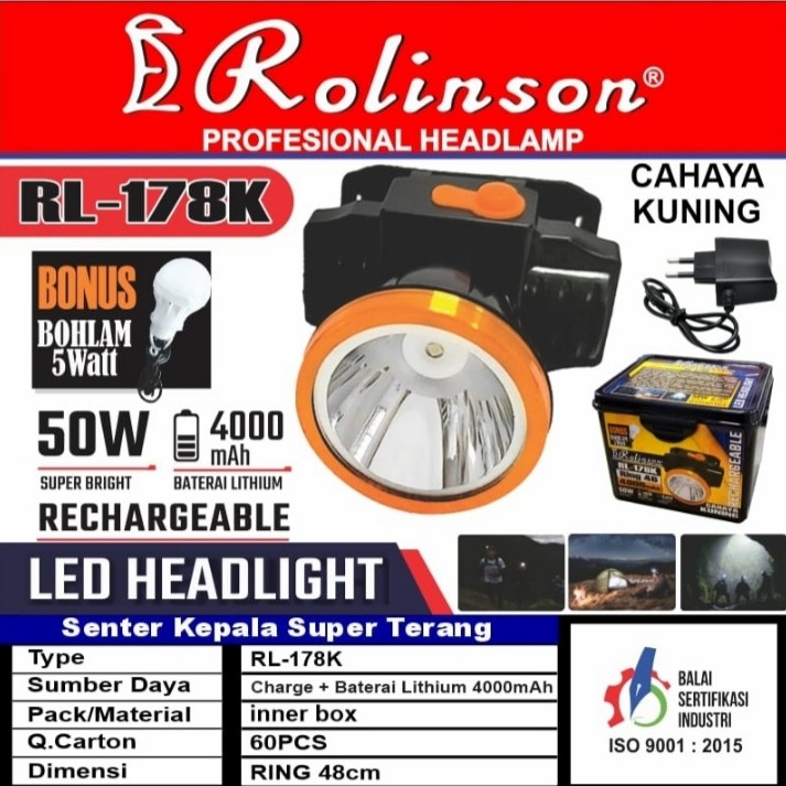 Senter Kepala Led Super Terang Cahaya Kuning 50Watt Rolinson Headlamp ...