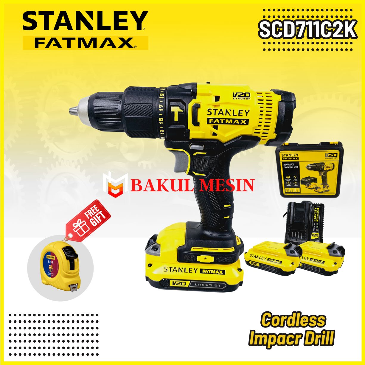 STANLEY SCD711C2K mesin bor tembok cordless hammer drill 20V SCD711 ...