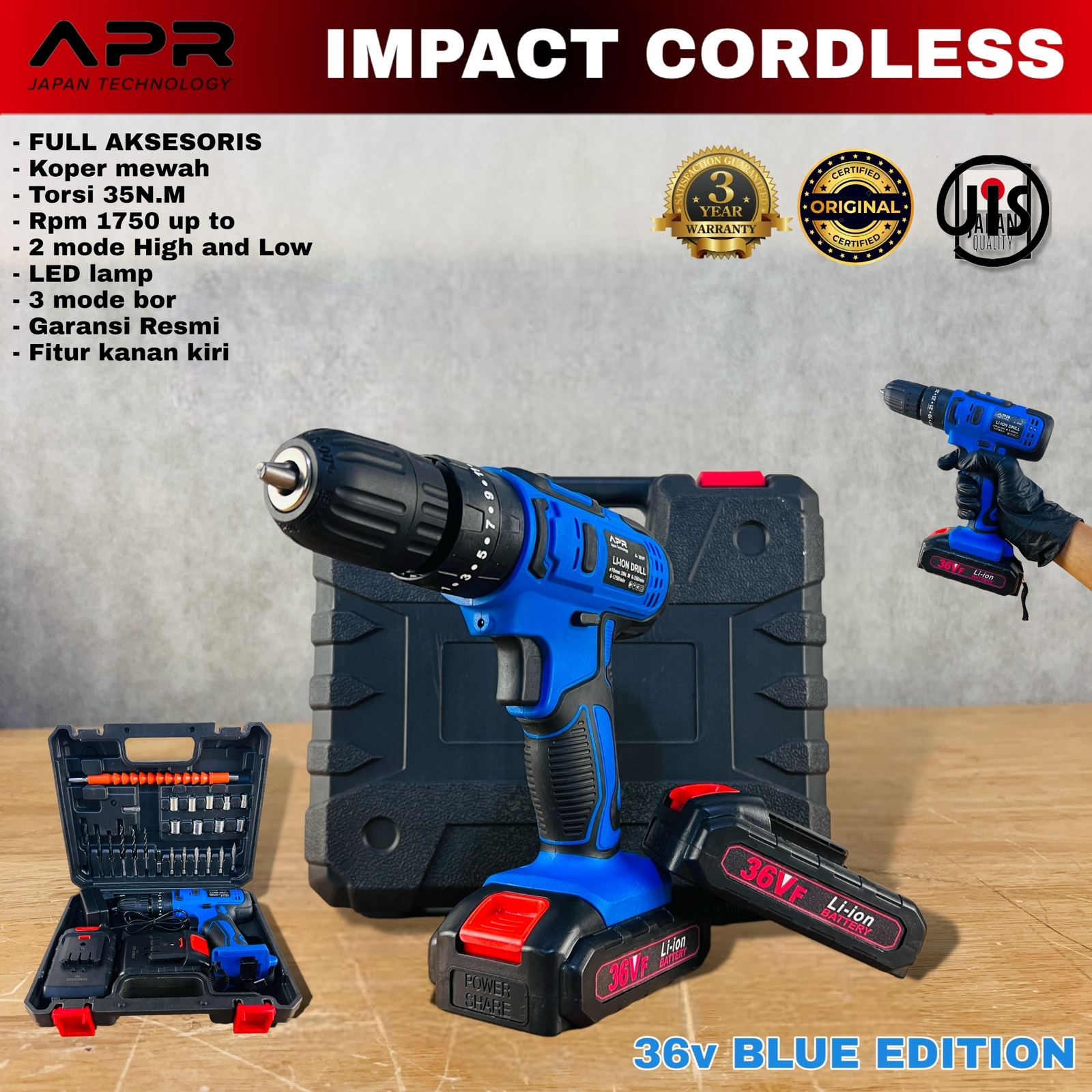 Bor cordless 36V 10mm APR impact drill type A36V-10 mm MESIN bor ...